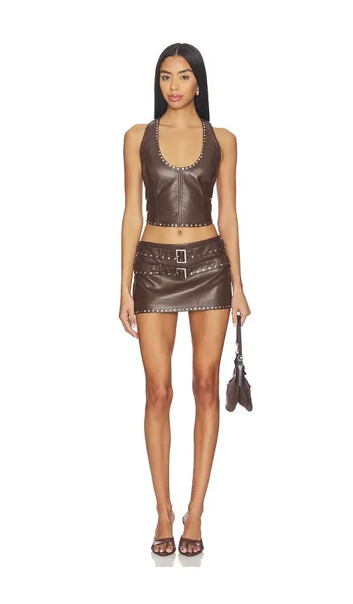 LAMARQUE X Revolve Liddy Faux Leather Studded Halter Top - Chocolate