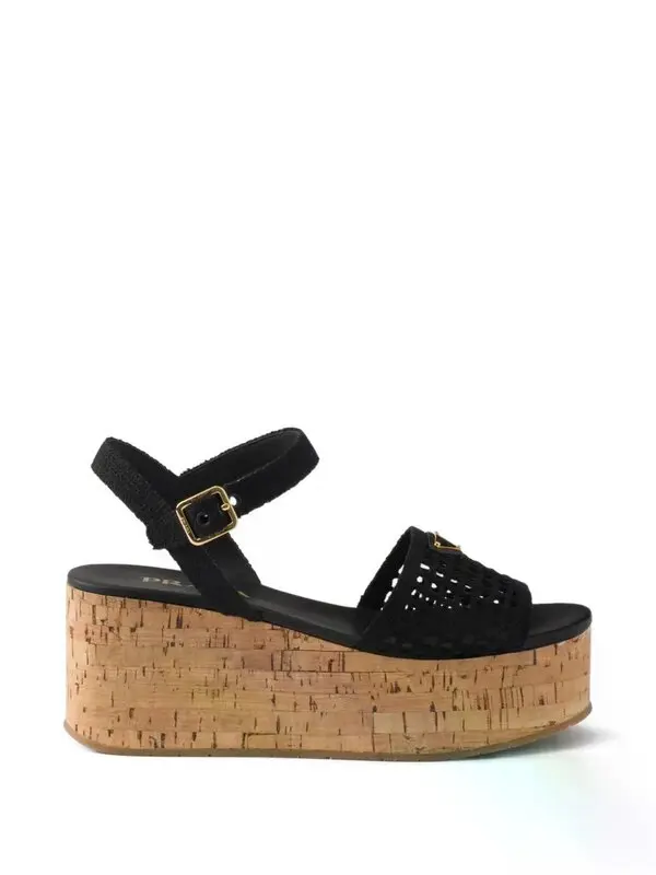Prada Crochet Wedge Platform Sandals With Buckle Detail