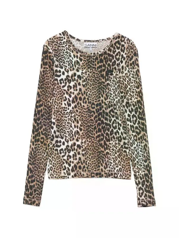 GANNI Ribbed Leopard Print Long Sleeve T-shirt - Neutrals