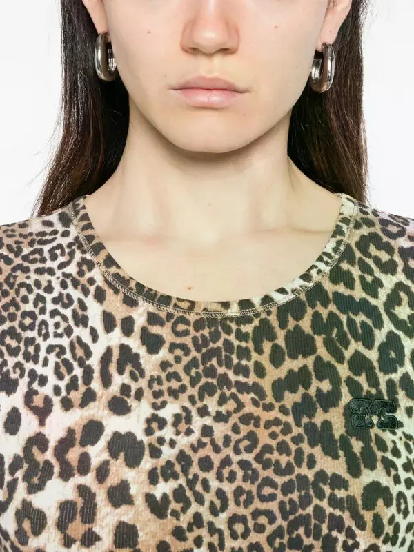 GANNI Ribbed Leopard Print Long Sleeve T-shirt - Neutrals