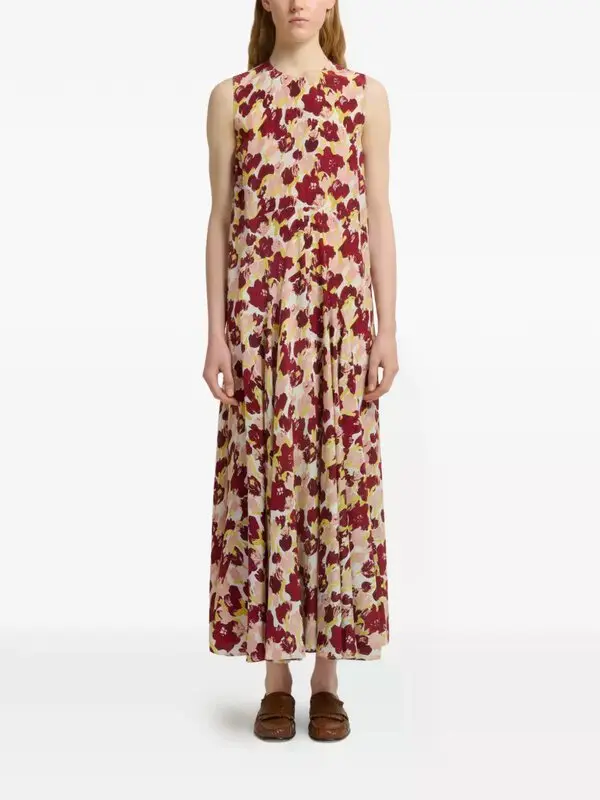 Marni Floral Pleated Silk Maxi Dress - Red