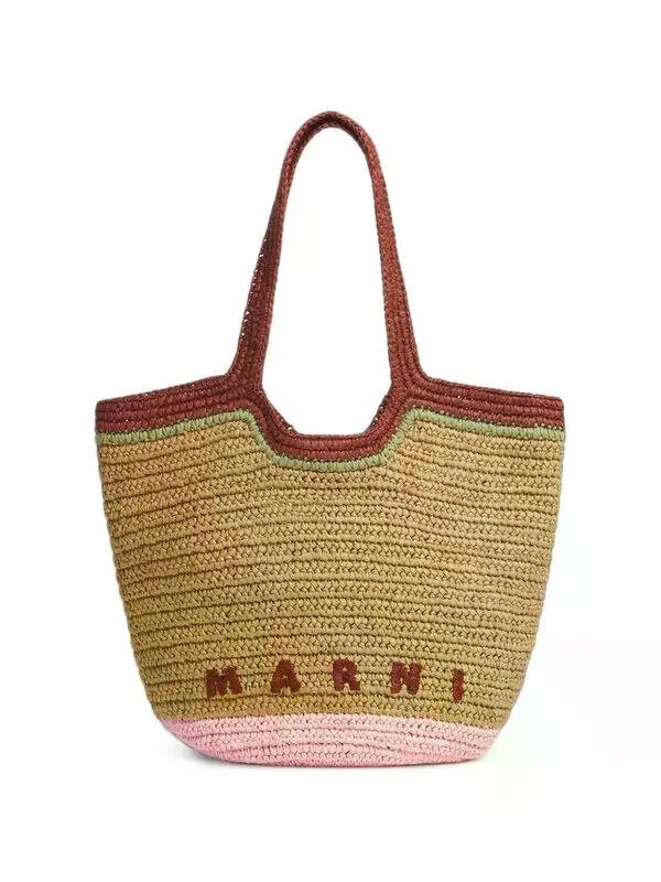 Marni Raffia-effect Logo Embroidered Shoulder Bag - Neutrals