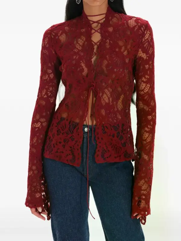 MANURI High Neck Floral Lace Blouse - Red