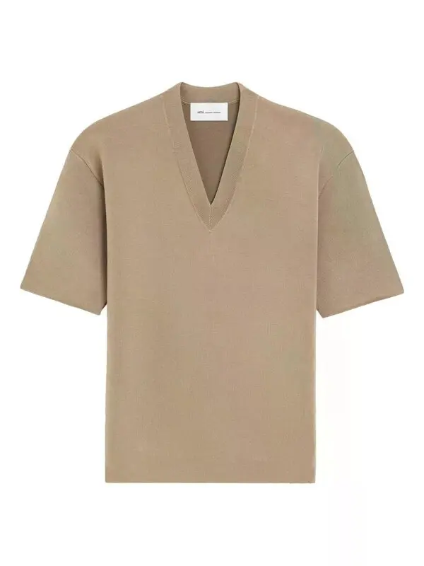 AMI Paris V-neck Short Sleeve Merino Wool Knit - Brown