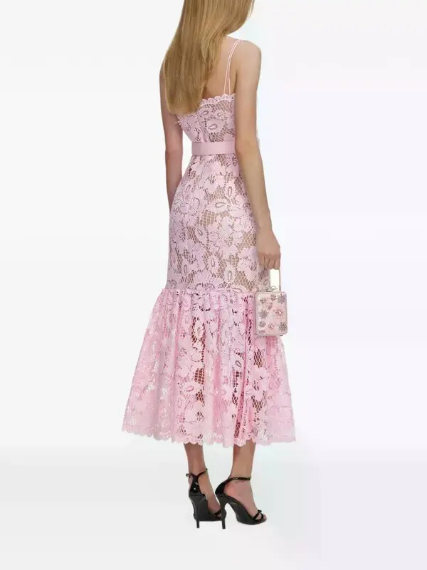 SELF-PORTRAIT Square Neck Lace Midi Dress With Belt - Pink