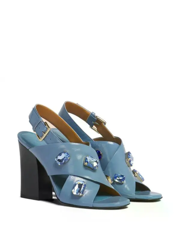 Marni Criss-cross Crystal Embellished Leather Block Heel Sandals
