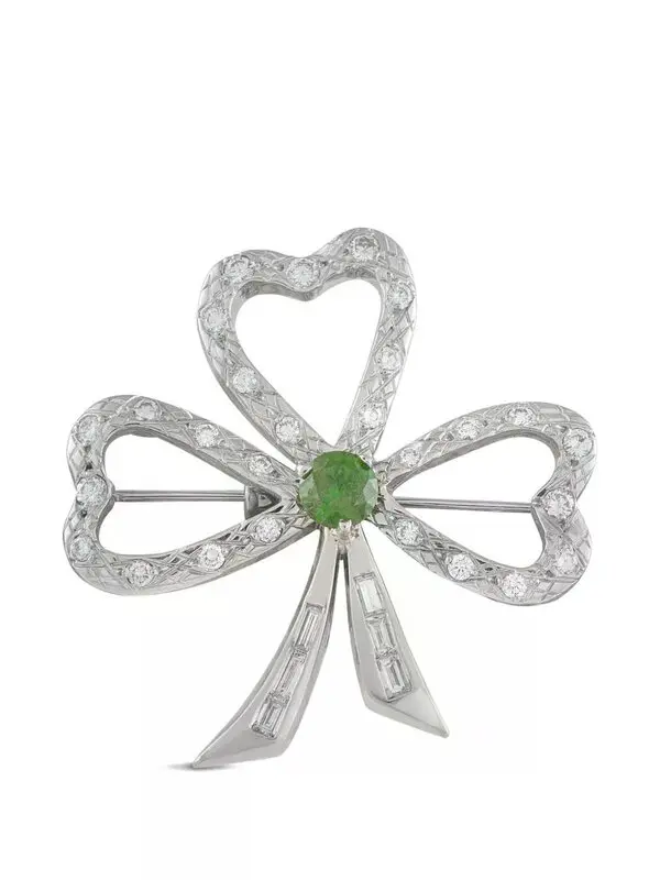 LB EXCLUSIVE 18k White Gold Diamond And Demantoid Clover Brooch - Silver