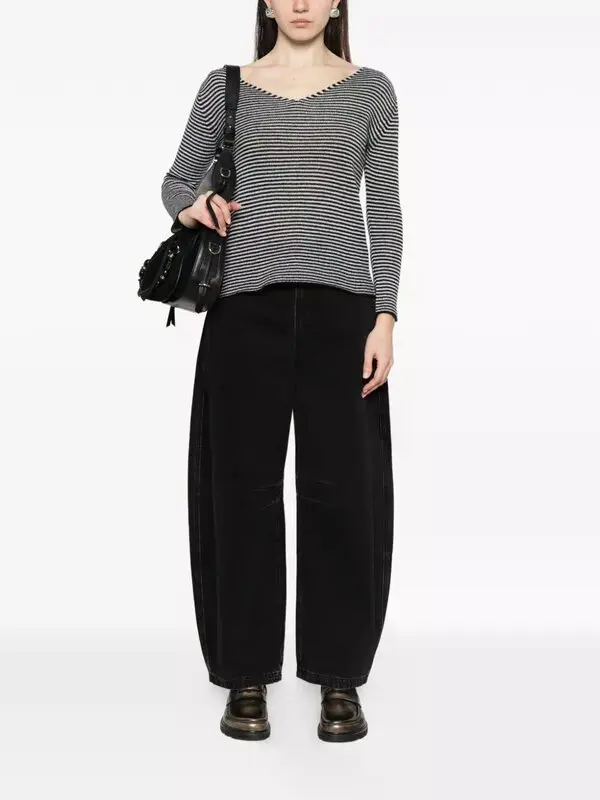 BEYOU Striped V-neck Long Sleeve Sweater - Black