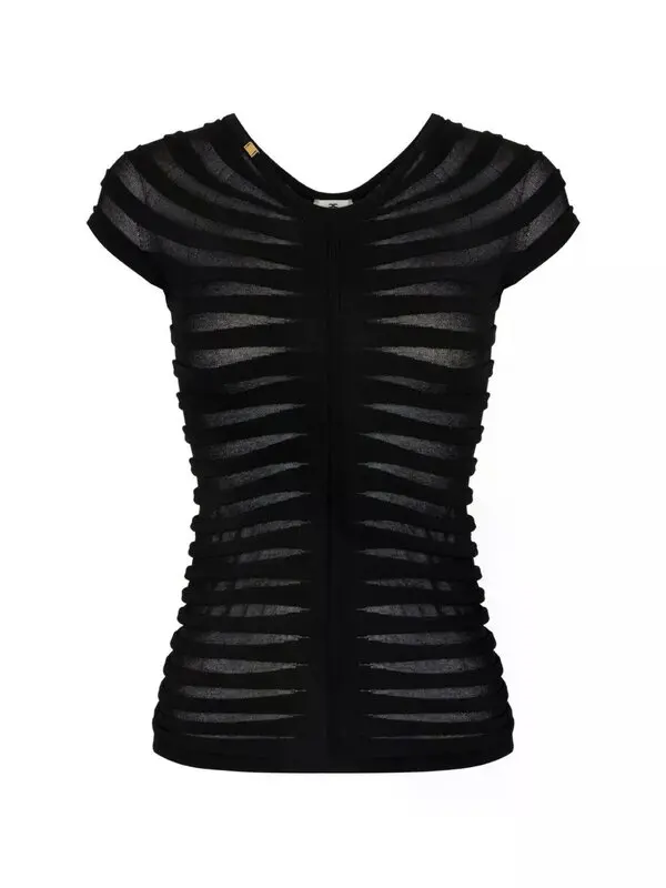 Elisabetta Franchi Cotton Thread And Viscose Top With Golden Logo Detail - Black
