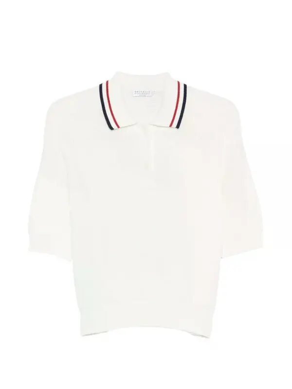 Brunello Cucinelli Ribbed Knit Polo Shirt With Striped Collar - Neutrals