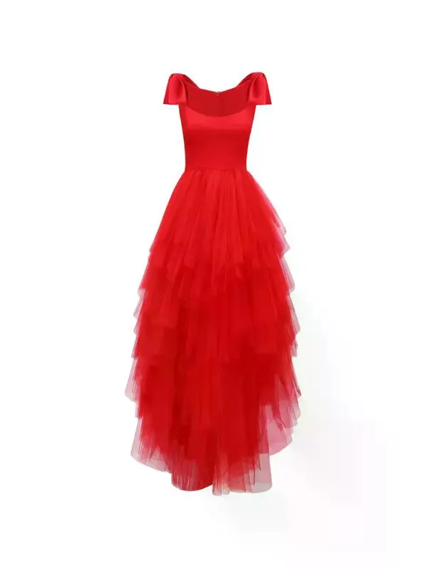 GEMY MAALOUF Tiered Bow Detail Maxi Dress - Red