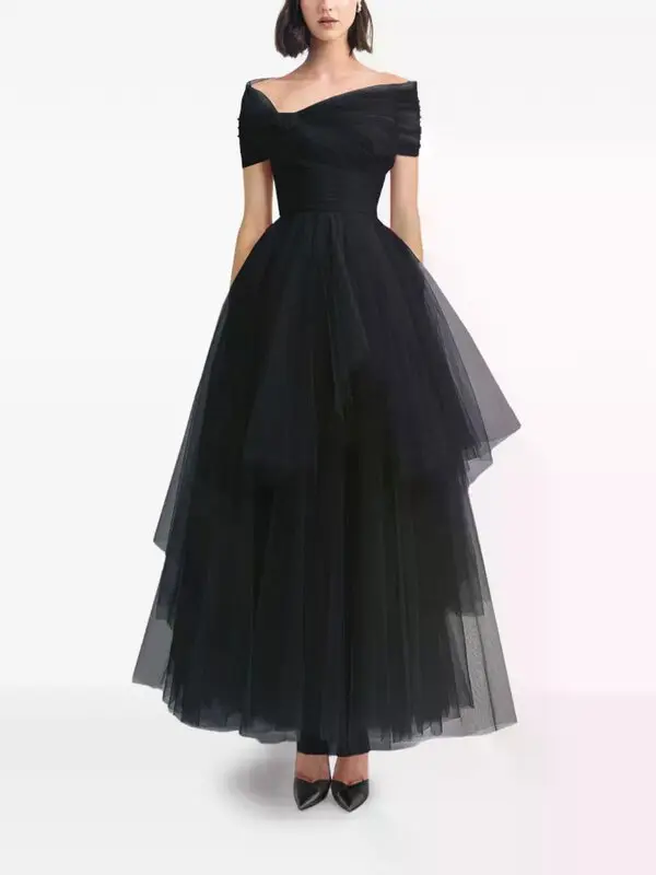 GEMY MAALOUF Asymmetrical Tulle Maxi Dress - Black