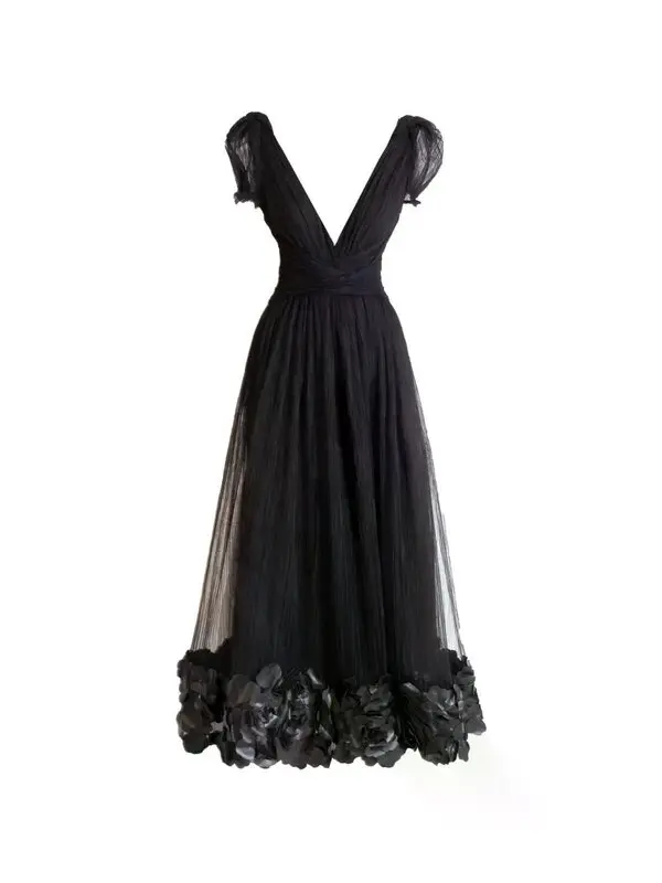 GEMY MAALOUF Puffed-shoulder Midi Dress - Black