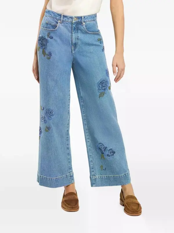 Cinq À Sept Betsy Wide Leg Jeans With Rose Embellishment