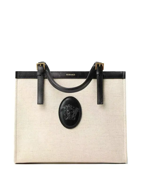 Versace Medusa Cameo Canvas Tote Bag With Leather Trims - Neutrals