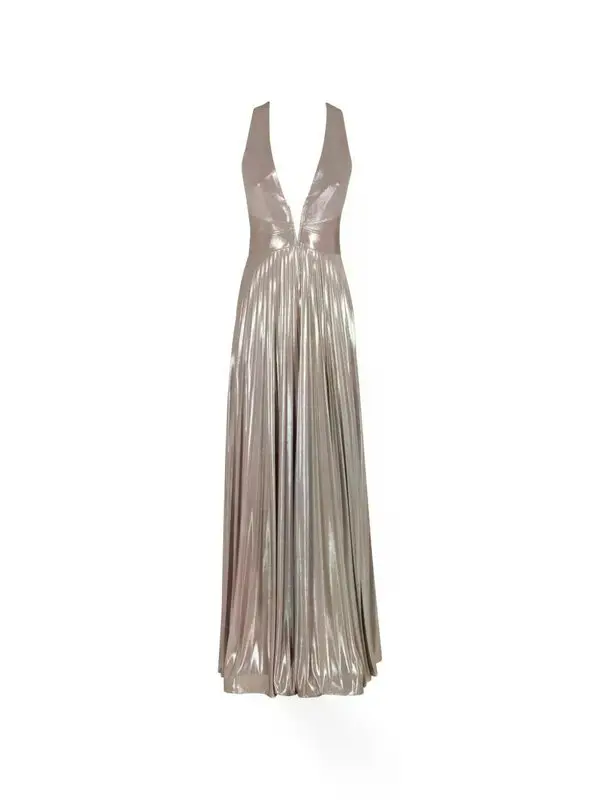 NISSA Metallic Pleated V-neck Maxi Dress