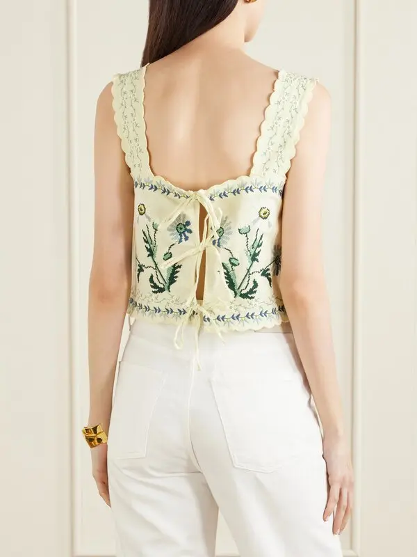 Sea Audra Scalloped Embroidered Cotton And Linen-blend Top