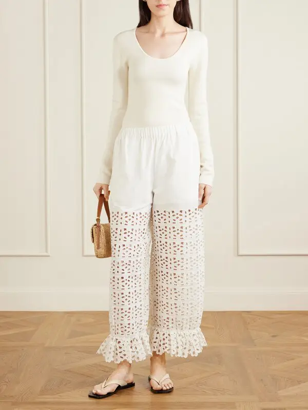 Sea Leila Broderie Anglaise Cotton And Linen-blend Wide-leg Pants