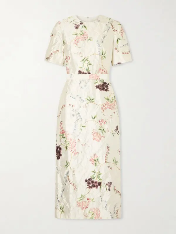 Erdem Belted Floral-print Crinkled Satin Midi Dress - Multi