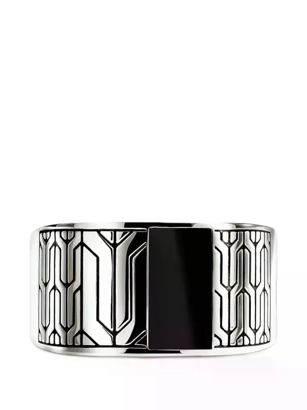 John Hardy Sterling Engraved Onyx Ring - Silver