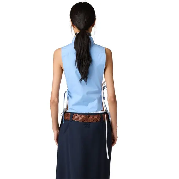 Miu Miu Sleeveless Poplin Shirt With Embroidered Logo And Tie Details - Light Blue