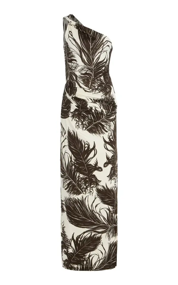 Oscar De La Renta Feather-printed One-shoulder Maxi Dress - Brown