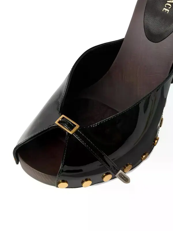 Versace Patent Clogs With Wooden Platform - Black