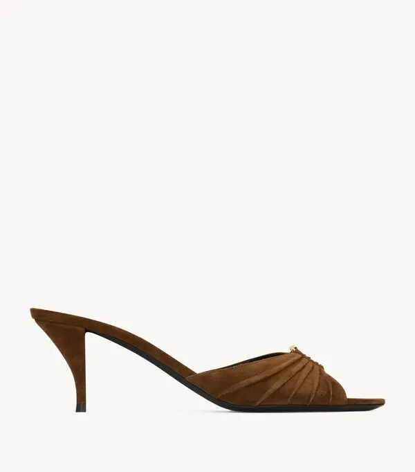 Saint Laurent Suede Heeled Mules With Gold Tone Hardware - Brown