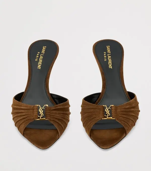Saint Laurent Suede Heeled Mules With Gold Tone Hardware - Brown