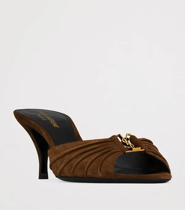 Saint Laurent Suede Heeled Mules With Gold Tone Hardware - Brown