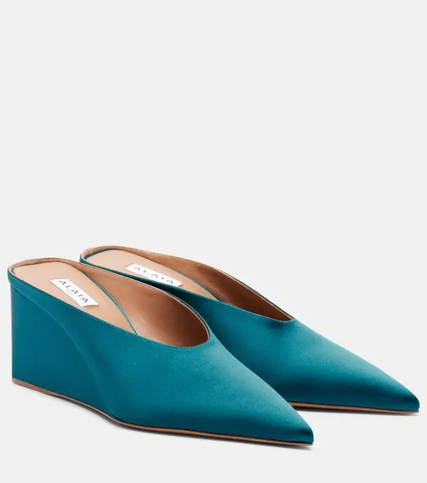 Alaïa Cube Satin Wedge Mules - Turquoise