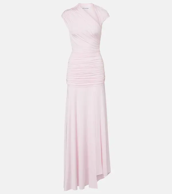 SELF-PORTRAIT Ruched Asymmetric Jersey Maxi Dress
