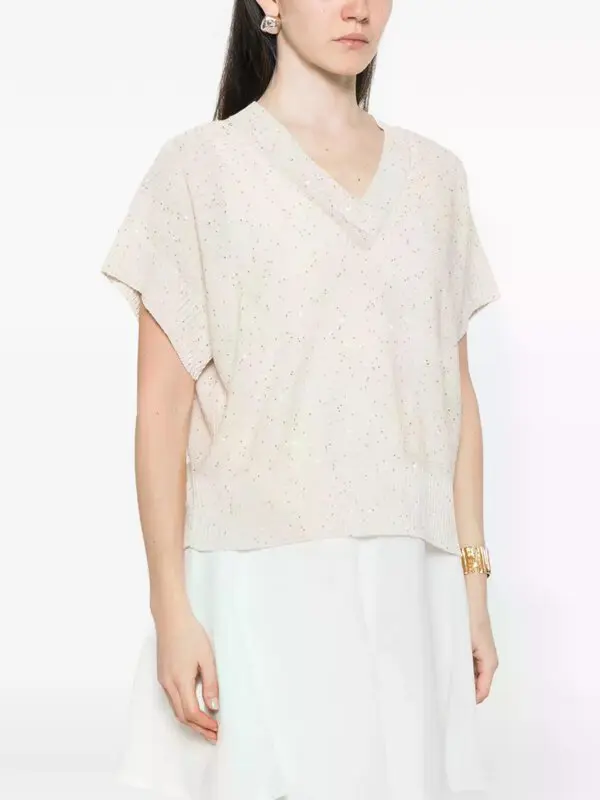 Antonelli Firenze Sequin Embellished V-neck Top - Neutrals