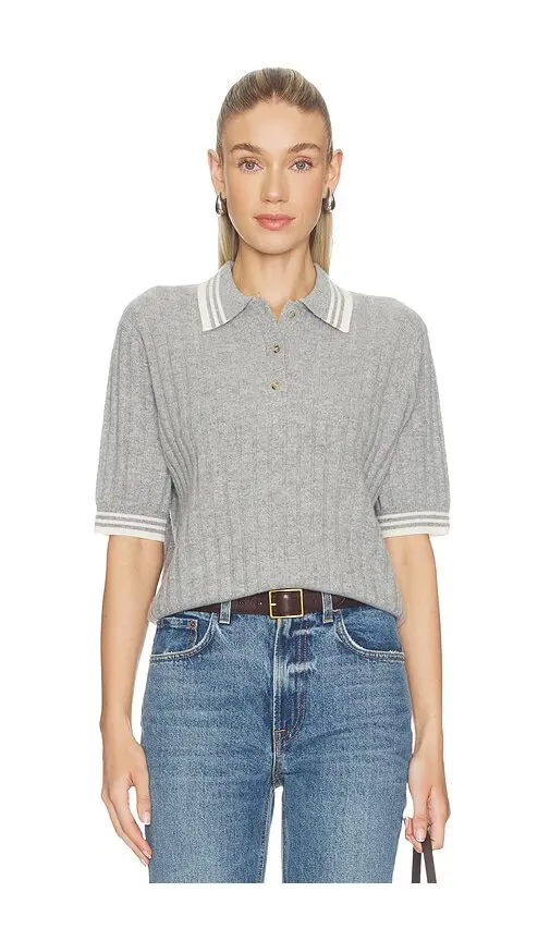 Soft Goat Striped Pique Knit Polo Top - Grey