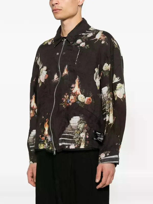 Undercover Floral Print Zip Up Bomber Jacket - Brown