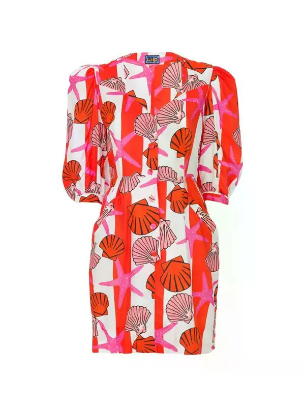Lhd Starfish And Seashell Print Dress With Puff Sleeves - Red