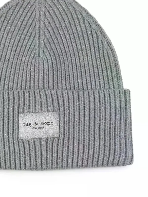 Rag & Bone Ribbed Beanie Hat With Logo Patch - Grey