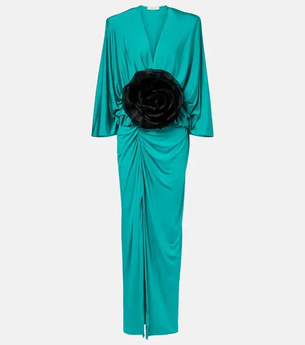 JACQUES WEI Floral-appliqué Jersey Maxi Dress - Blue