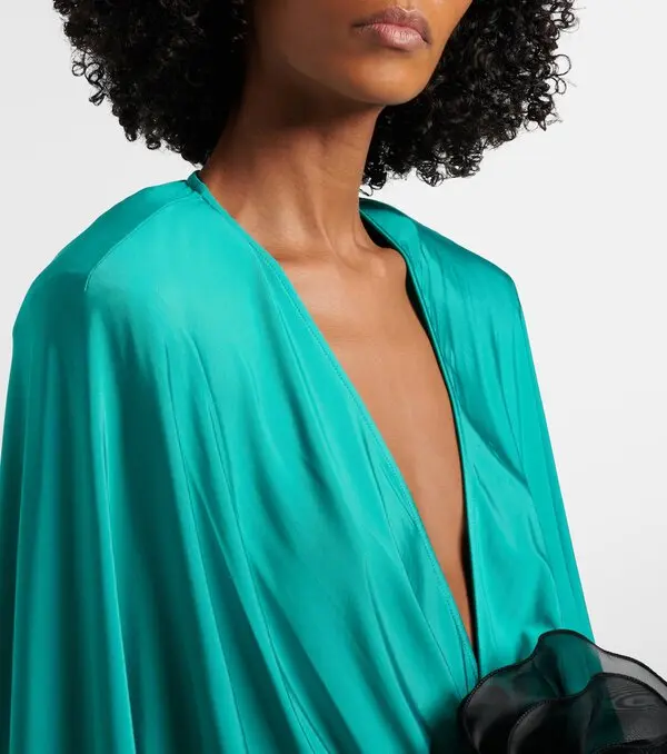 JACQUES WEI Turquoise Floral Applique Maxi Dress