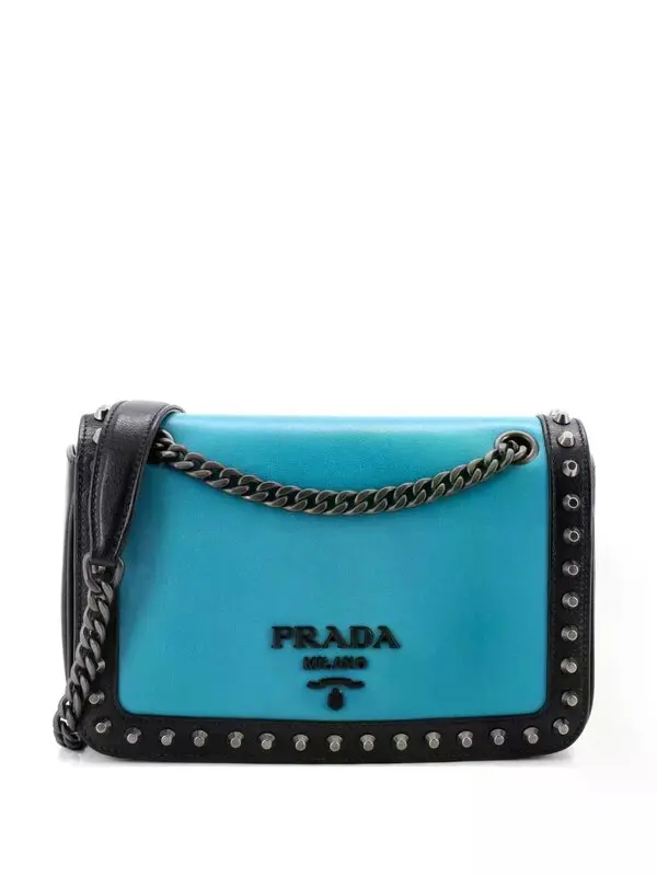 Prada Chain Flap Bag Studded Glace Calf Small Crossbody Bag - Black