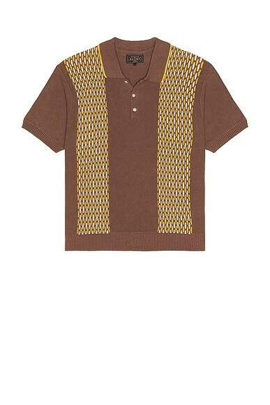 BEAMS Knit Polo Front Stripe Jacquard - Brown