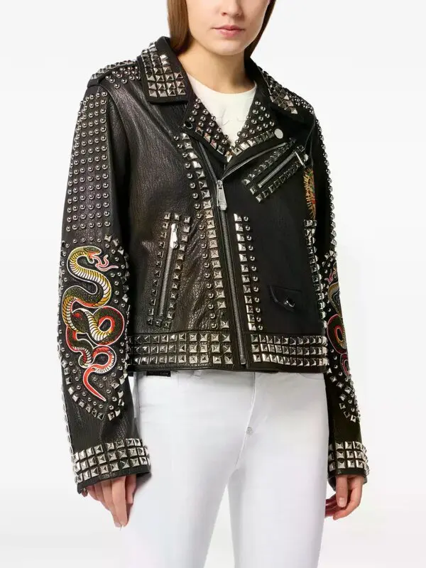 Philipp Plein Studded Embroidered Leather Jacket