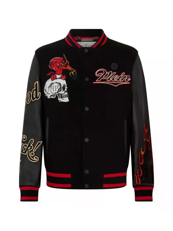 Philipp Plein Leather Sleeve Skull Detail Bomber Jacket