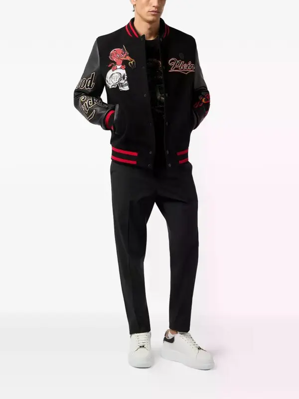 Philipp Plein Leather Sleeve Skull Detail Bomber Jacket