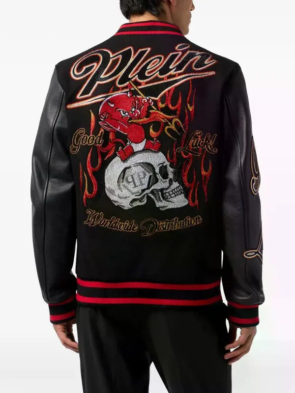 Philipp Plein Leather Sleeve Skull Detail Bomber Jacket