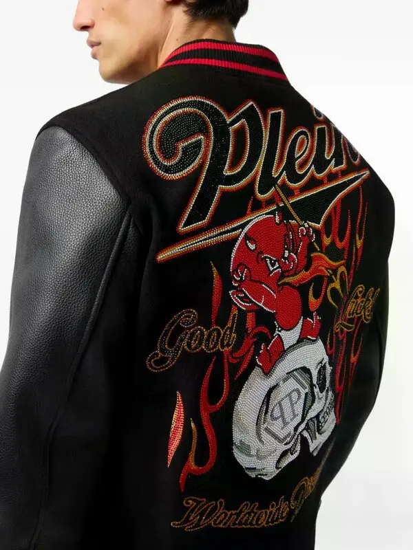 Philipp Plein Leather Sleeve Skull Detail Bomber Jacket