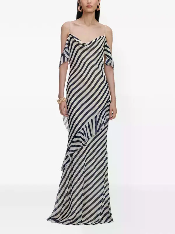 SELF-PORTRAIT Maxi Striped Georgette Ruffled Dress - Blue