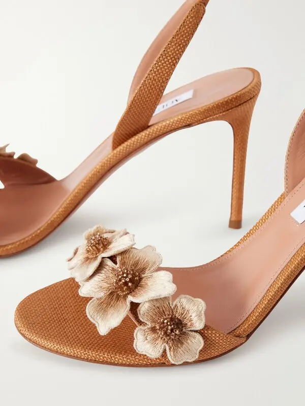 AQUAZZURA Passionflower 85 Embellished Raffia Slingback Sandals - Brown