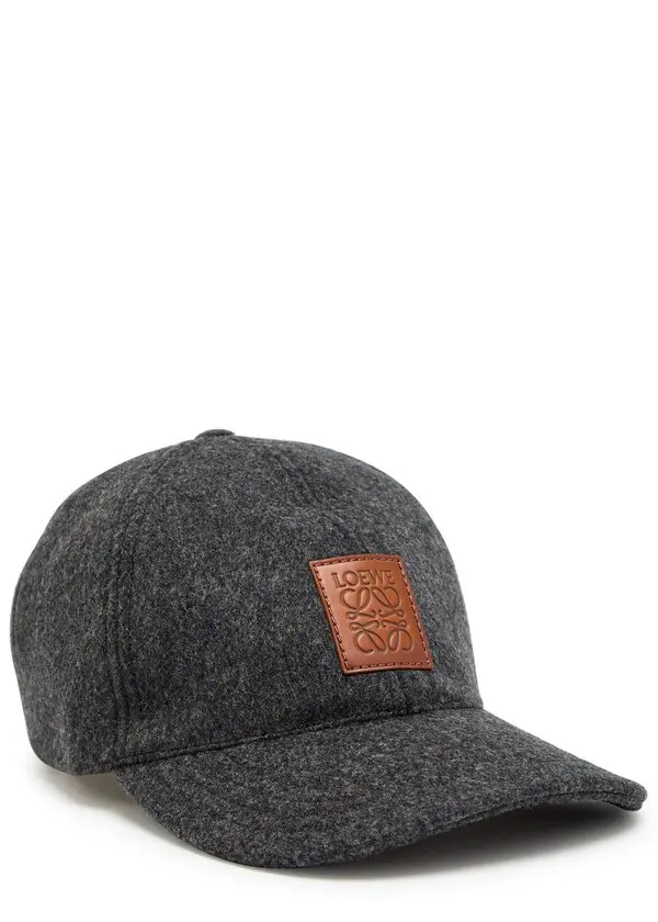 Loewe Anagram Leather And Wool-blend Cap - Grey