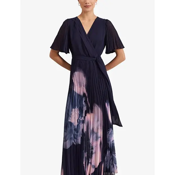 PHASE EIGHT Floral-print Pleated Maxi Dress - Navy
